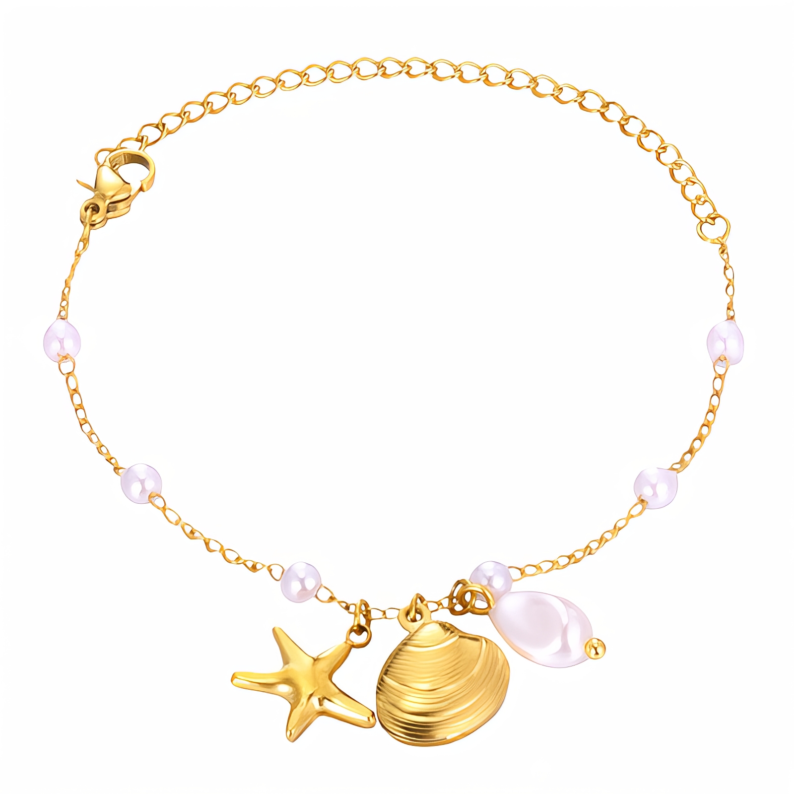 "Starfish and Seashell" Bracelet, 18K Gold Plated Steel SKU #90105-0 wholesale supplier -Glozzo